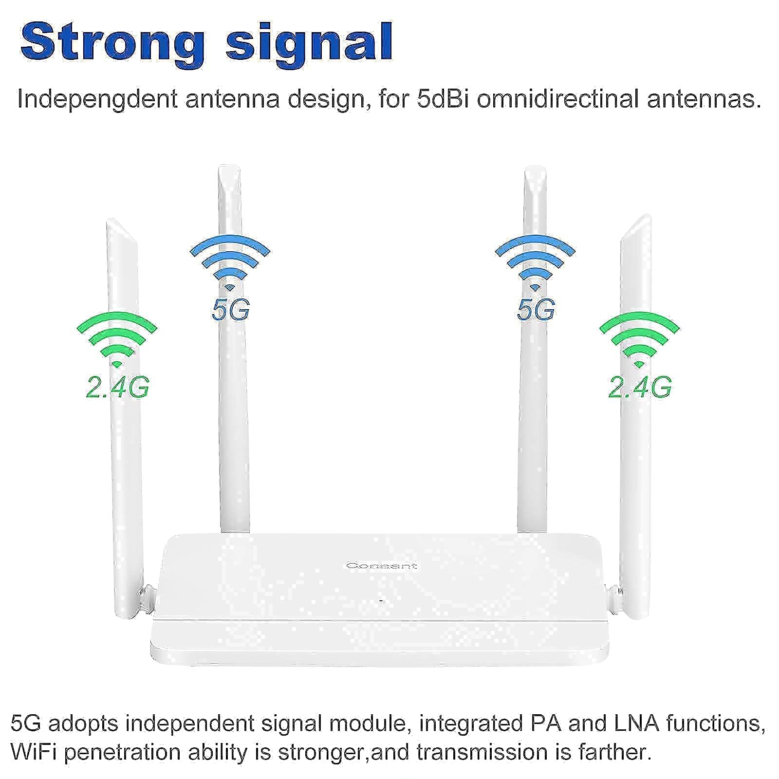 AC1200 Gigabit Wireless Internet Smart Router, Dual Band WiFi 5 Router, 4 Antennas for Strong Signal and High Speed, Full WiFi Signal Coverage for Large Home, Support for Repeaters and Access Points