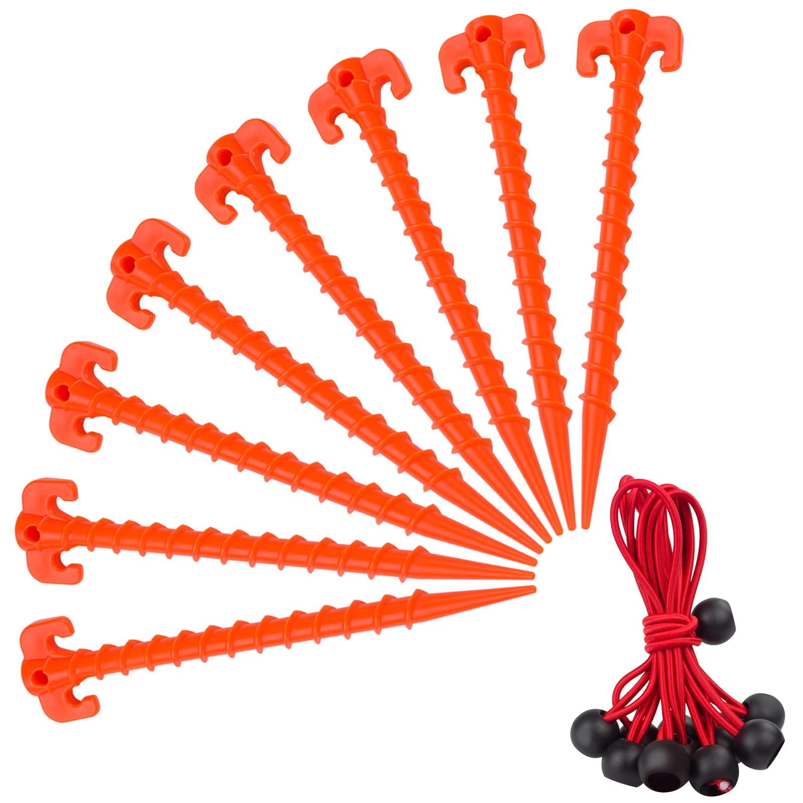 8 Pcs 10 inch Canopy Stakes Spiral Plastic Tent Pegs with 10PCS 6inch Ball Bungee Cords Red Elastic String Cord with Black Ball