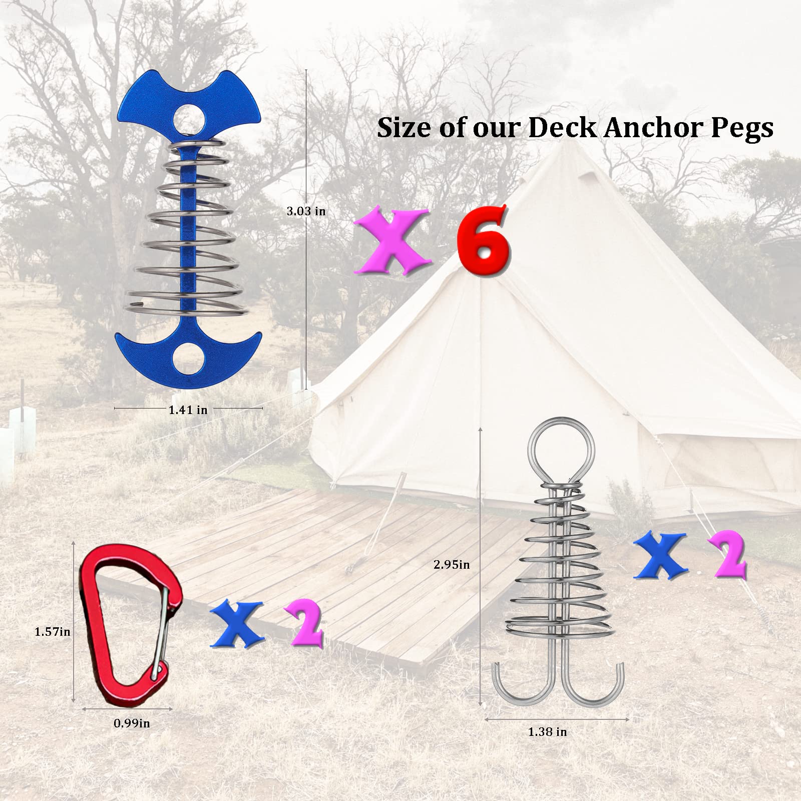 8PCS Tent Stakes Set,6 Windproof Fishbone Deck Pegs 2 Squid Wind Awning Rope Anchor, for Camping Hiking Outdoor Gallery Road or Timber Plank Nail, All with Spring Buckle
