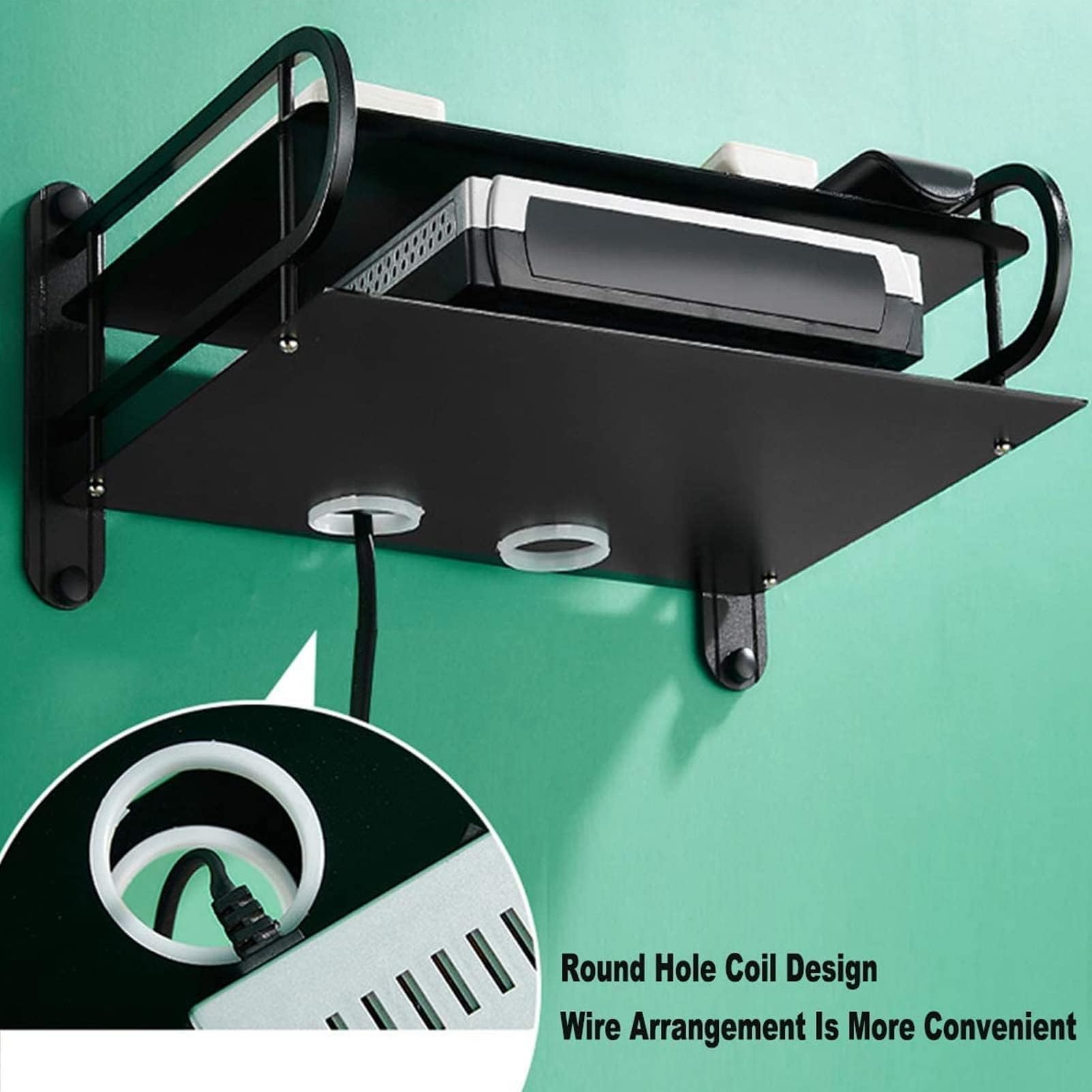 Floating Shelf for TV Set Top Box Router Game Consoles, Double Layer TV Box Shelves Wall Mounted Router DVD Cable Box Shelf Punching Storage Rack, Floating Wall Shelf with Cable Holes