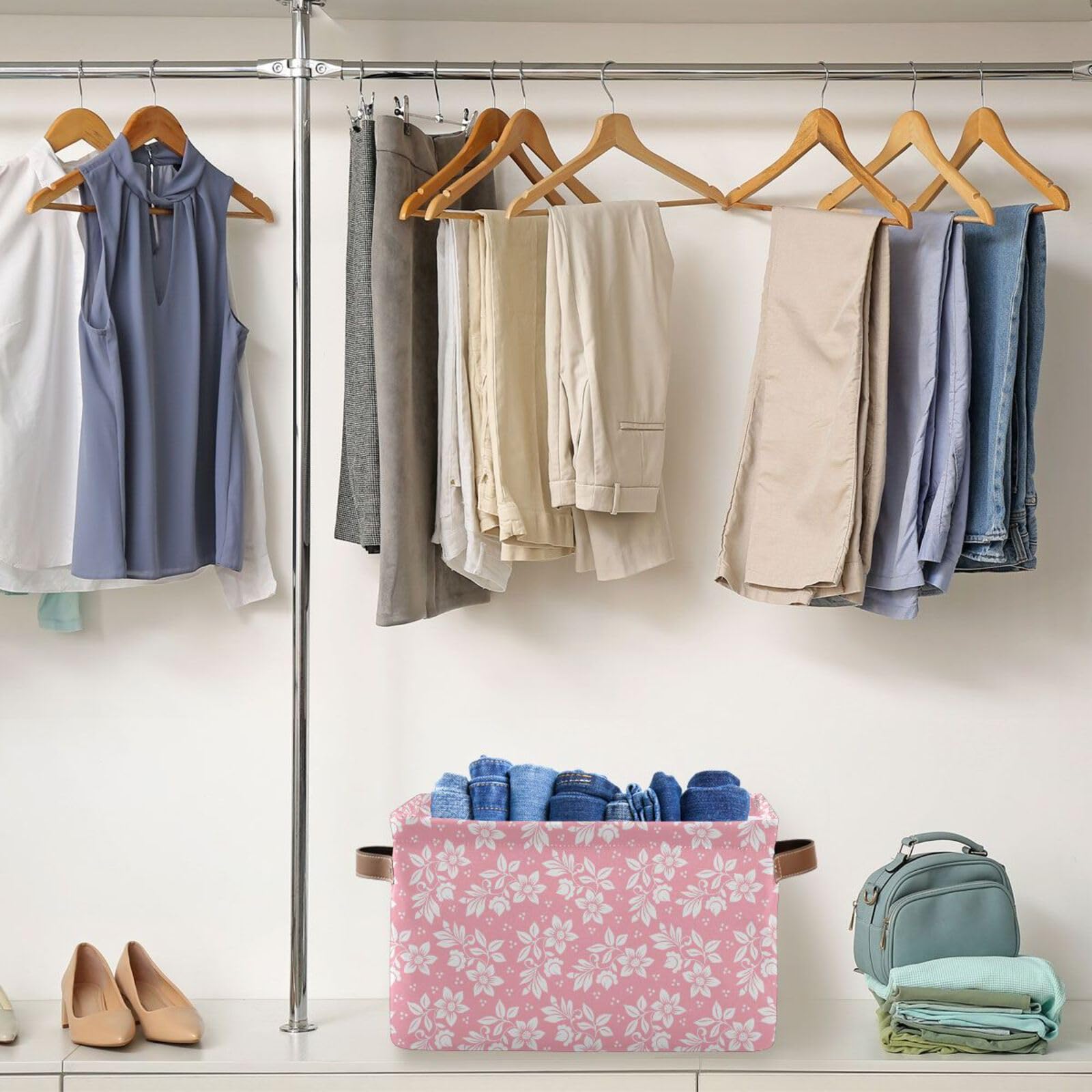 NFMILI Floral Pink and White Storage Basket, Fabric Storage Cubes Bins, Open Home Storage Bins with Handles, Foldable Cubes Closet Organizer Boxes 14.2 x 10.2 x 8.3 in (Large - 2 Pack)