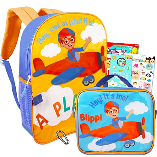 Color Shop Blippi Backpack & Lunch Bag for Kids - 6 Pc School Supplies Bundle with 16'' Backpack, Box, Stickers, Temporary Tattoos, Clip, More (Blippi Travel Bag)