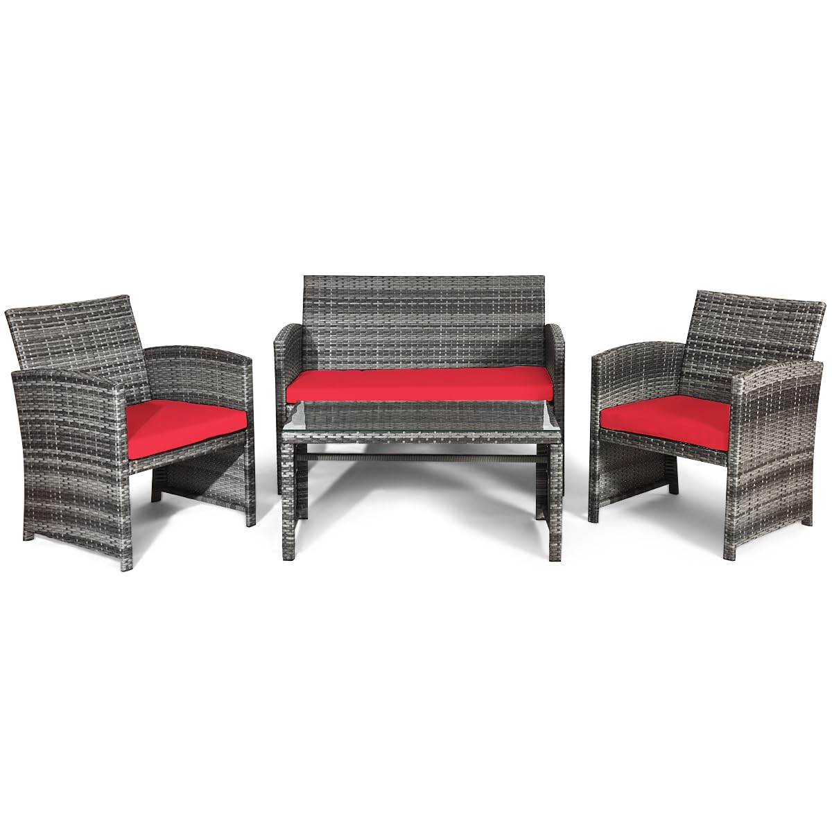 Giantex 4 Pc, Rattan Loveseat & Patio Chairs with Cushioned Seat, Wicker Coffee Table, Outdoor Furniture Front Porch Poolside Garden Lawn Conversation Sets, Mix Grey&red