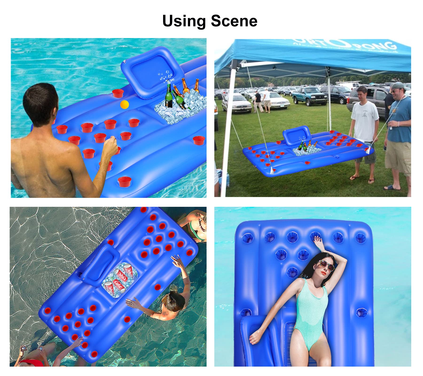 6 Feet Floating Beer Pong Table 28 Cup Holders Inflatable Beer Pong Pool Games Float for Summer Party Pool Float, Cooler, Pool Party Lounge Raft for Adults (Blue)