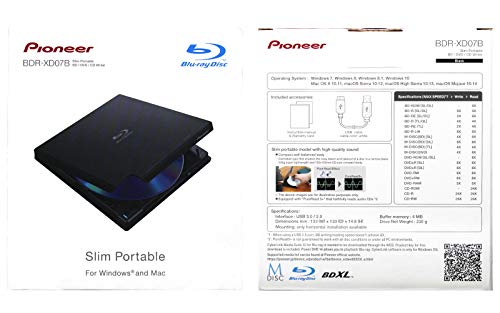 Produplicator Pioneer BDR-XD07B Portable 6X Blu-ray Burner External Drive with USB Cable - Burns CD DVD BD DL BDXL Discs