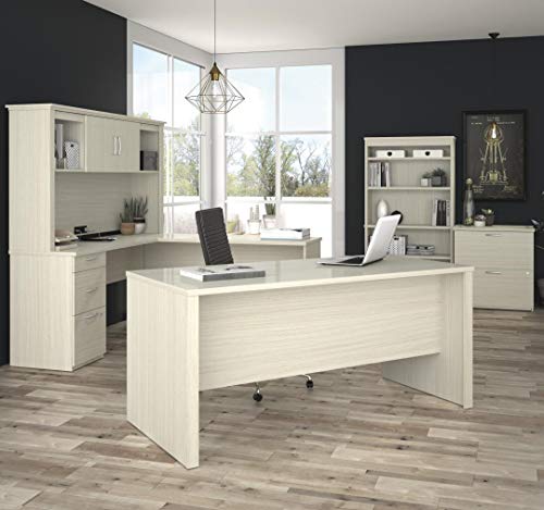 Bestar Logan U-Shaped Desk with Hutch, Lateral File Cabinet, and Bookcase, 66W, White Chocolate