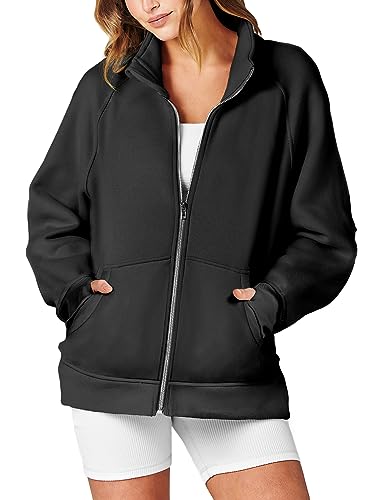 Caracilia Women's Oversized Sweatshirts Long Sleeve Zip Up Y2K Trendy Fashion Sweatshirt Jackets Pullovers Active Comfy Cute Clothes With Thumb Hole C112A0-heise-S Black