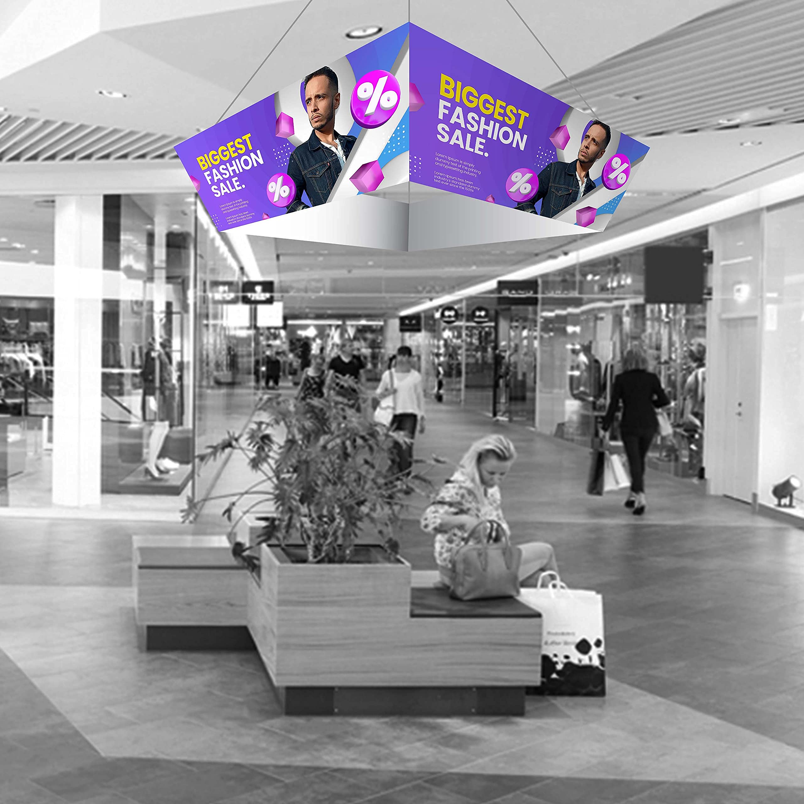BANNER BUZZ MAKE IT VISIBLE Tapered Square Fabric Hanging Ceiling Banner Sign Single Side Printed Outside for Trade Show Display (12 X 3.5')