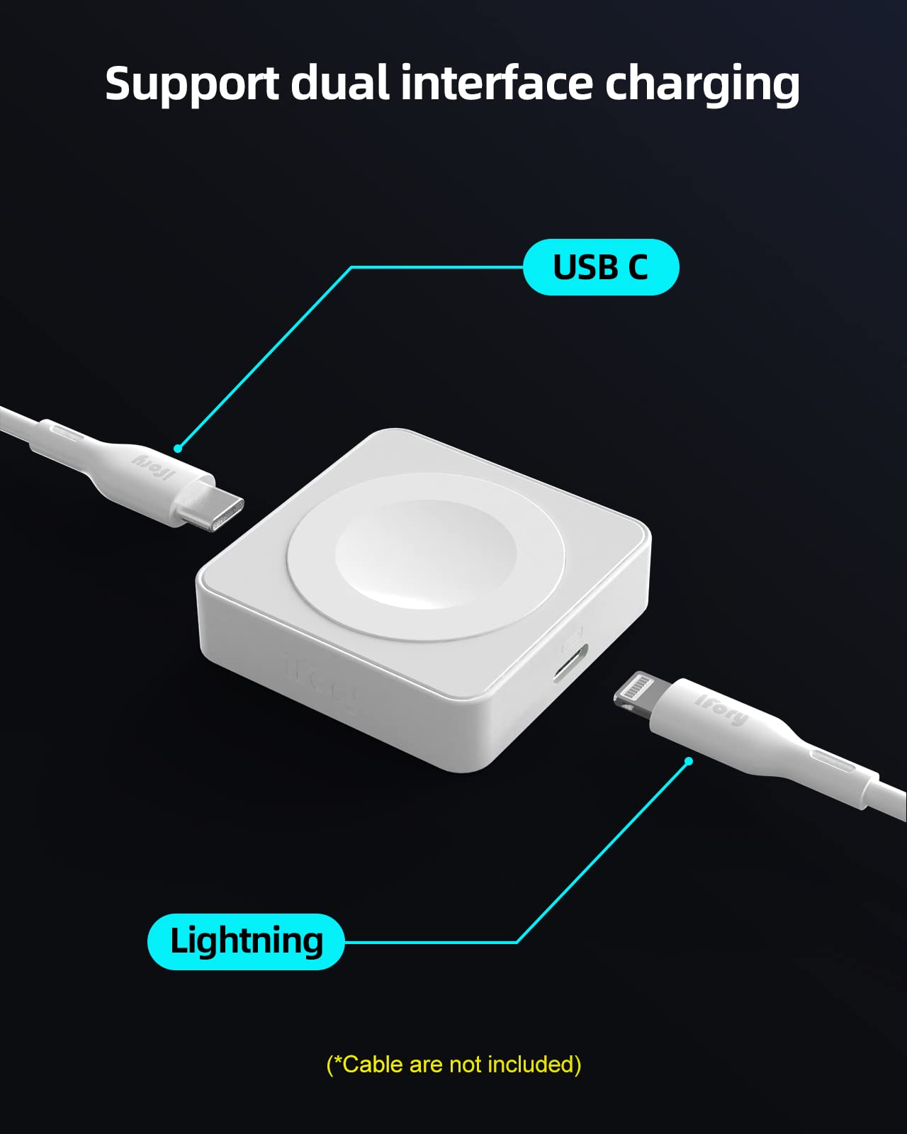 iFory Watch Charger Designed for Apple Watch Series 6/SE/5/4/3 MFi Certified Magnetic Wireless Charger with Dual Port USB C and Lightning - CloudWhite