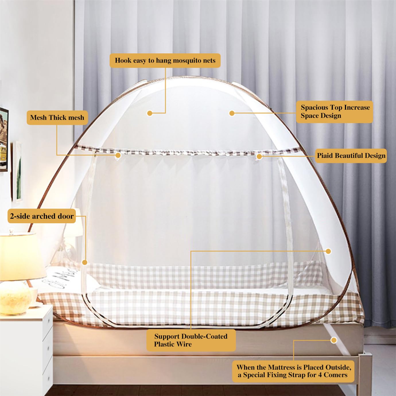 Tinyuet Mosquito Net for Bed, Portable Double Door Pop-up Mosquito Netting with Net Bottom, 59x78.7in Bed Tent for Indoor and Outdoor Use, Insect Screen - Brown Edge