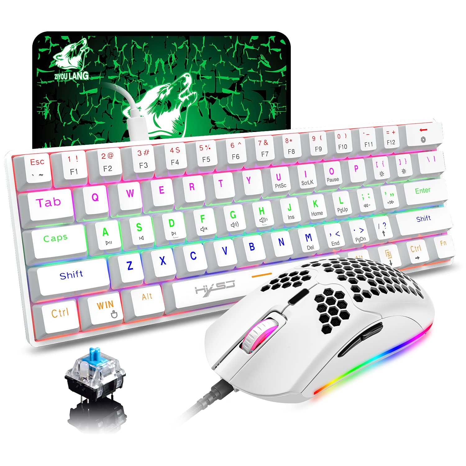 60% Mechanical Gaming Keyboard and Mouse with Full Anti-ghosting Ergonomic 61 Key Rainbow Backlight Blue Switch Type-C Wired Lightweight Honeycomb Mice 6400 DPI for Computer Laptop Gamer Typist(White)