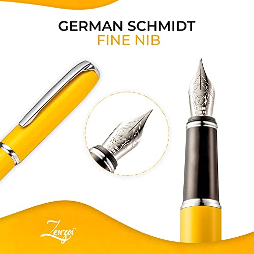 ZenZoi Yellow Fountain Pen Fine Nib - Luxury Pen For Women Men W/Schmidt Quality Tip. Refillable Smooth Writing Pen For Journaling, Drawing. Stylish High End Gift Box W/Ink Converter & Ink Cartridge