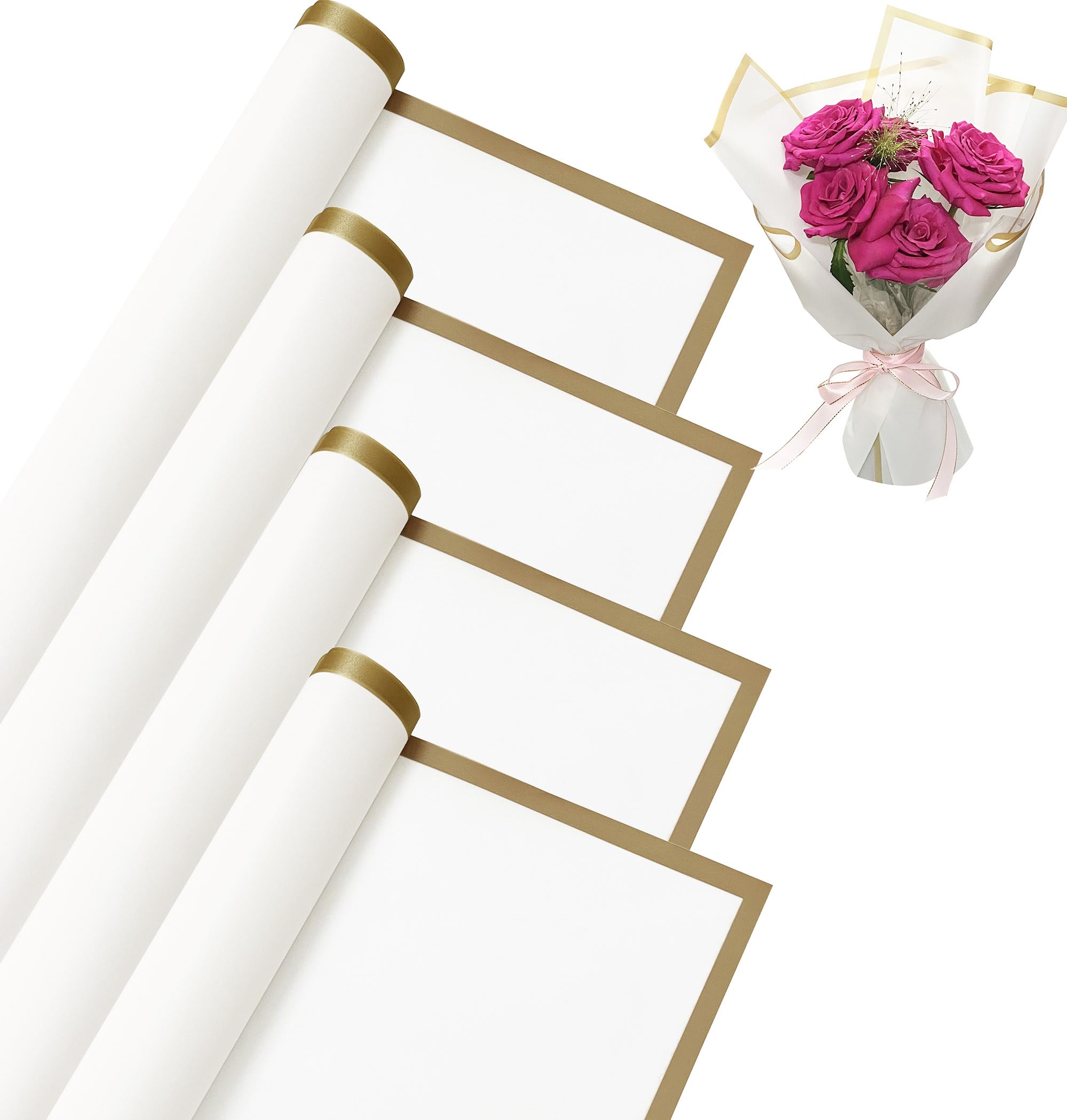 Unarty 20 Sheets White Flower Wrapping Paper, Waterproof Bouquet Wrapping Paper with Gold Edge, Floral Wrapping Paper Florist Bouquet Supplies for Flower Shop 22.8 x 22.8 Inch
