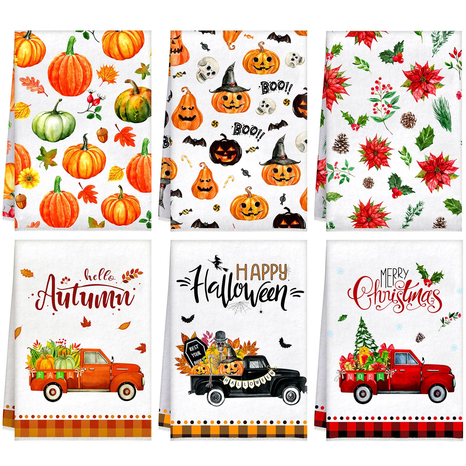 6 Set Holiday Kitchen Towels for Halloween Fall Christmas Decorative Dishtowels,Halloween Hand Towels Absorbent Dishcloths Autumn Tea Towels Wash Cloths for Thanksgiving Christmas Kitchen Decor