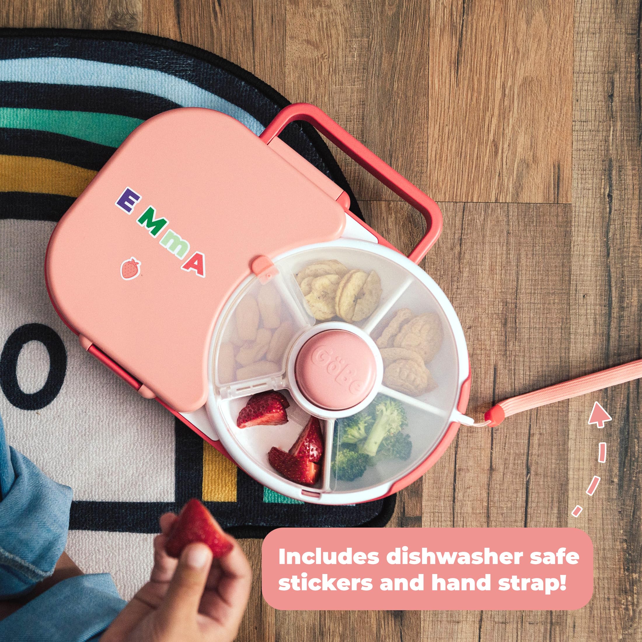 GoBe Kids Lunchbox with Small Snack Spinner Flip - Bundle with Hand Strap & Sticker Sheet, 2-in-1 Bento Style Lunch Container, 5 Small +1 Large Sandwich Compartment, BPA & PVC Free - Lemon Yellow