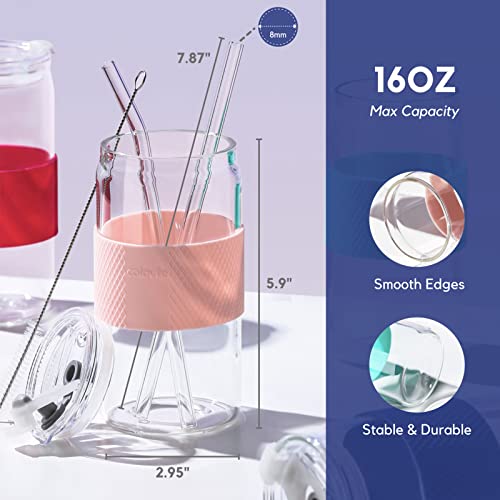 ColoVie Can Shaped Drinking Glass Cups with Lids and Glass Straws 6pc Set-16oz Travel Glass Tumbler Cup with Silicone Protective Sleeve, Iced Coffee Cup, Soda Beer Drinking Jars, Securely Boxed-Gift