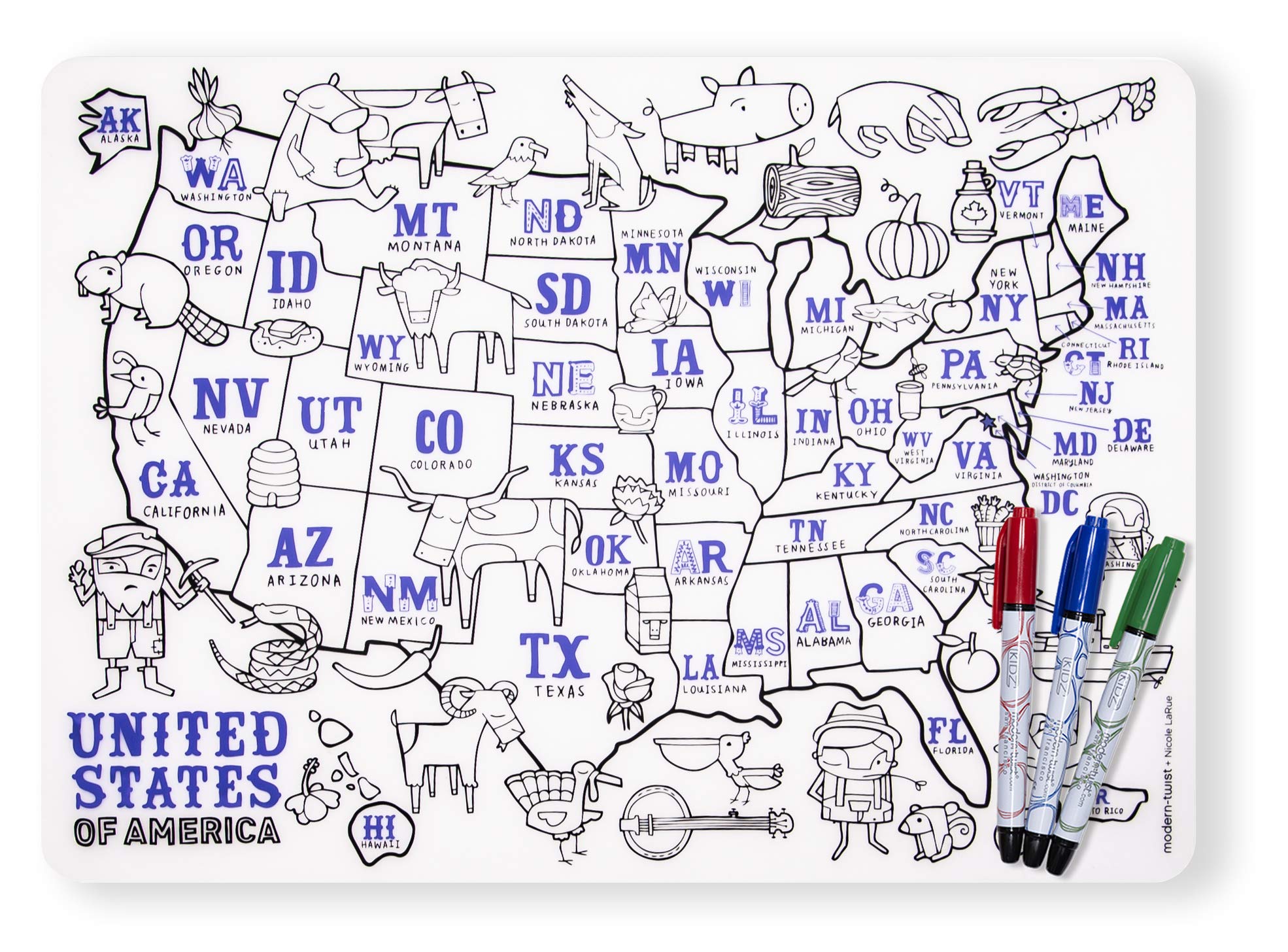 MODERN-TWIST Waterproof, Dishwasher Safe Mark, Mat & Marker Set, US Map