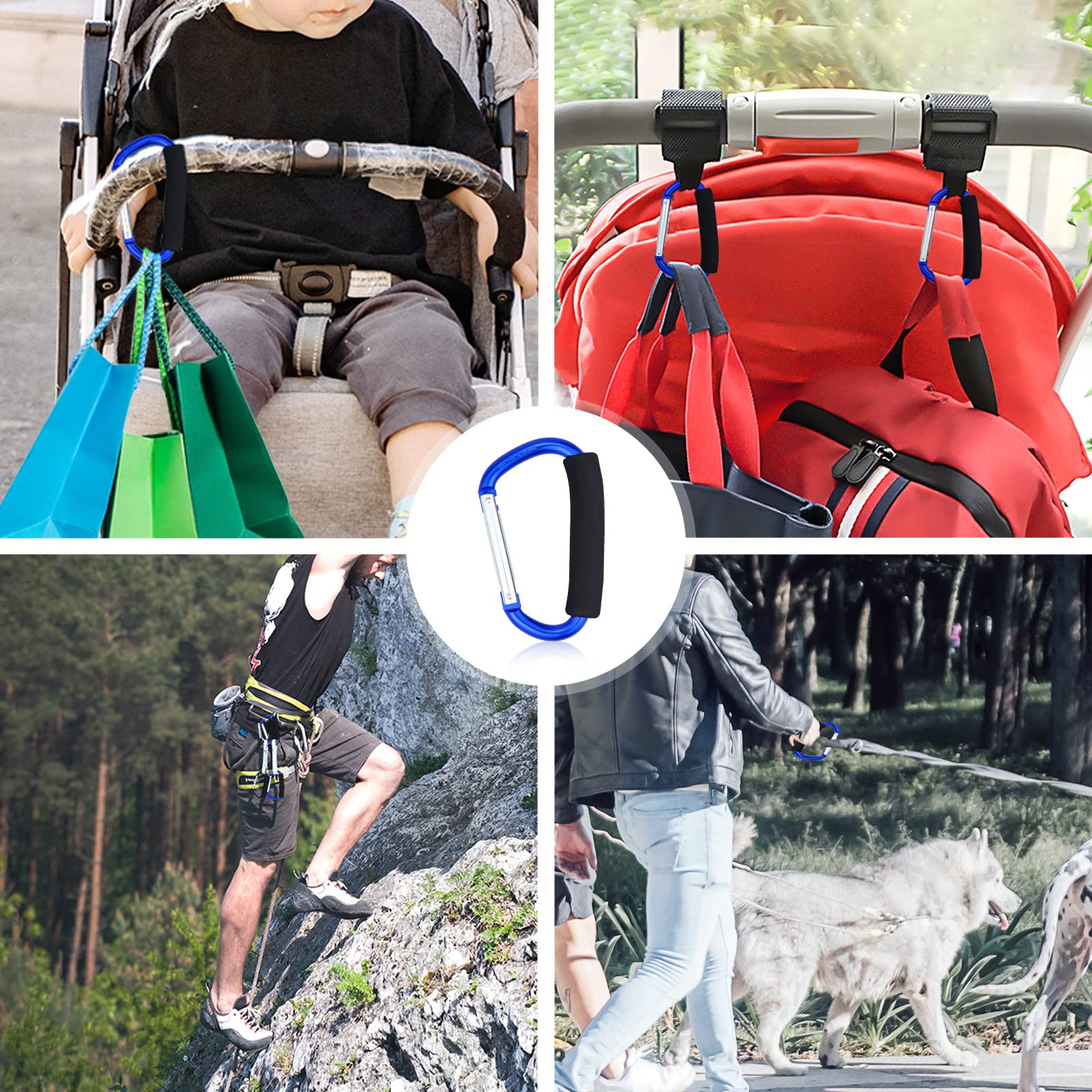 JIALEEY Grocery Bag Shopping Bag Holder Handle Carrier Tool Multi Purpose Snap Hook Stroller Hook Set Organizer Accessories with Soft Foam Grip for Hanging, Pack of 2, Blue