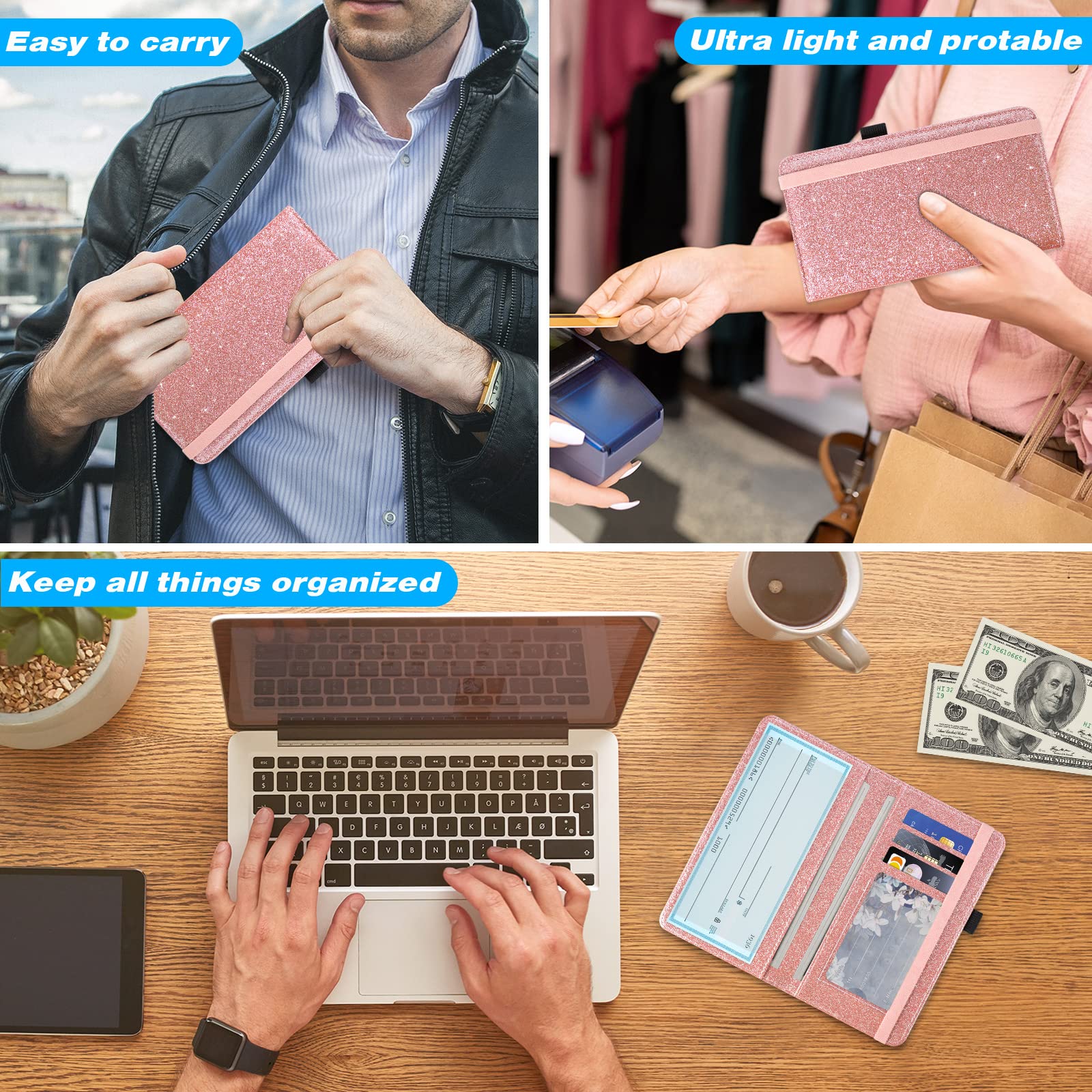 ACdream Checkbook Cover, Leather RFID Blocking Check Book Wallet, Protective Premium Business and Personal Duplicate Checks Holder, with Credit Card Slot for Women Men, Glitter Rose Gold