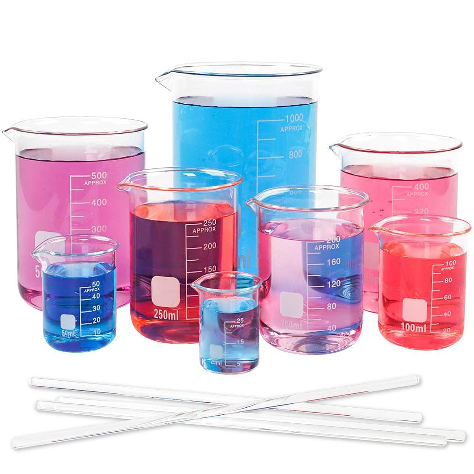 SUPERLELE 8pcs Glass Graduated Beaker Set 25, 50, 100, 200, 250, 400, 500, 1000ml, Glass Measuring Beakers with 4 Stirring Rods