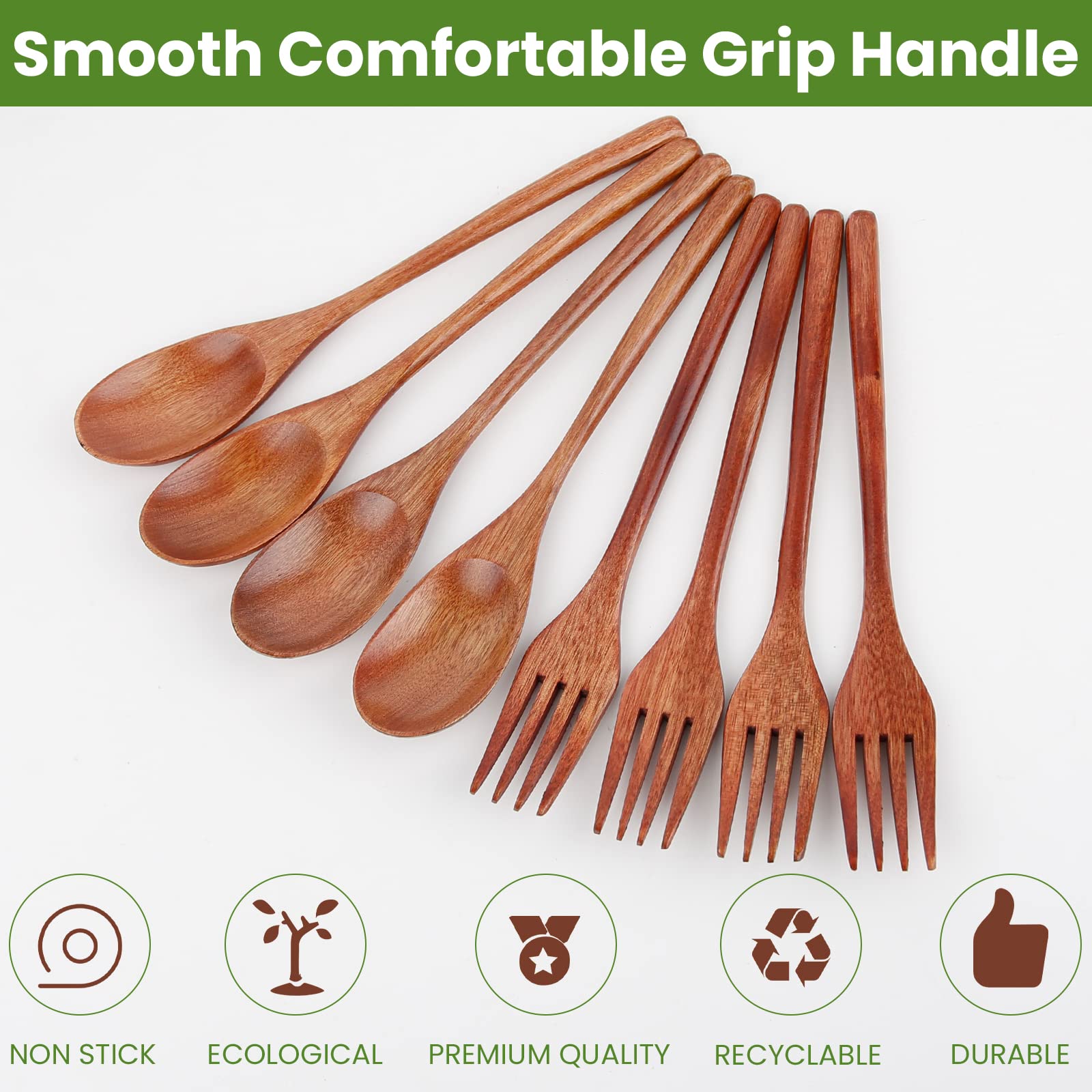 8 Pcs Wooden Spoons Forks Set, Japanese Style Wooden Utensil Set, Handmade Kitchen Spoon, Reusable Travel Flatware Set, Wooden Kitchen Tableware (Natural)