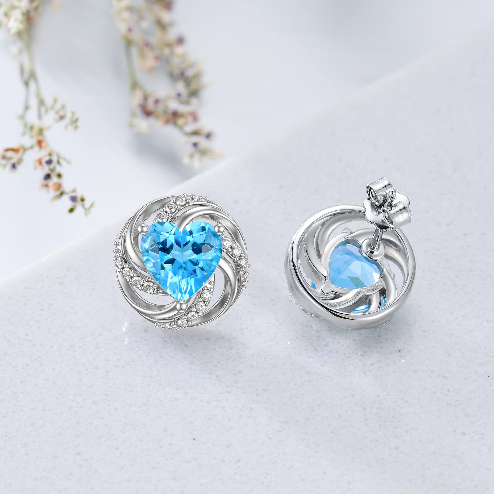 Althum Swiss Blue Topaz Earrings 925 Sterling Silver 7MM Heart Shaped Natural Topaz Stud Earrings for Women