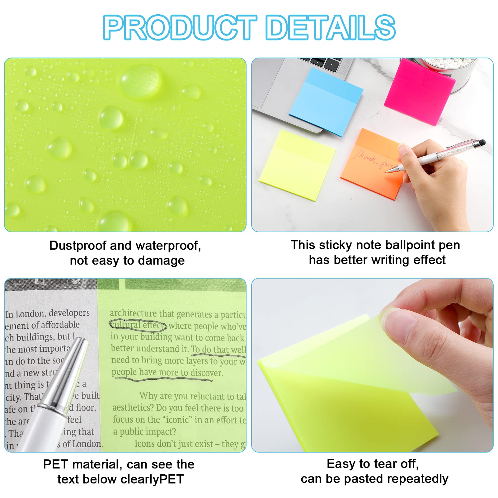600 Sheets 12 Pads Transparent Sticky Notes Colorful Sticky Note Pads Clear Self Stick Notes Translucent Sticky Notes Memo for Bible Office School Message Reminder (Vibrant Colors,3 x 3 Inch)