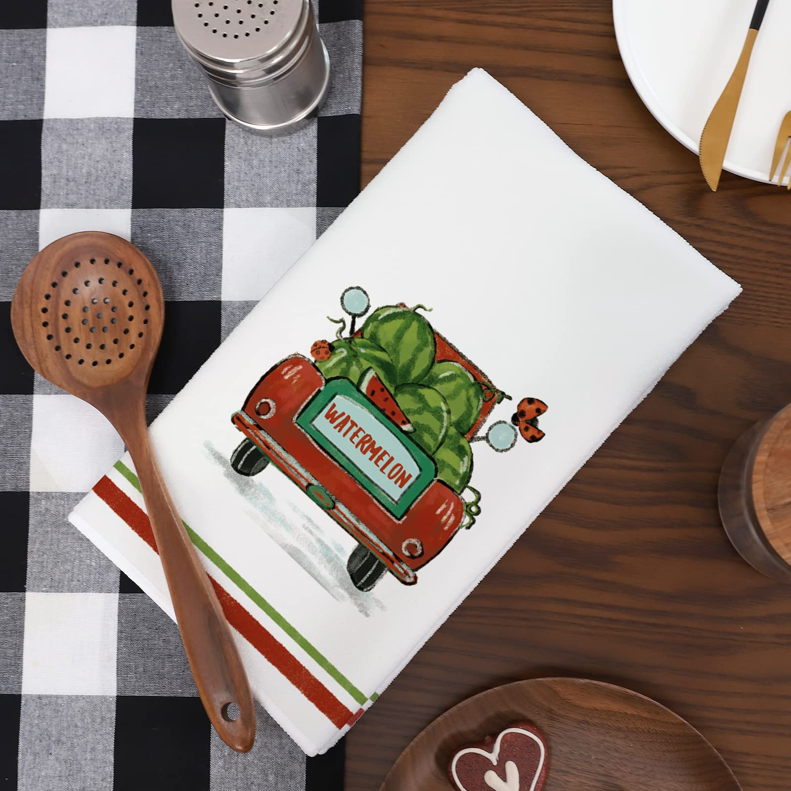 AnyDesign Watermelon Kitchen Dish Towel 18 x 28 Sweet Summer Tea Towels Watermelon Truck Hand Drying Cloth Towel Decorative Dishcloth for Holiday Kitchen Cooking Baking Bathroom, 4Pcs
