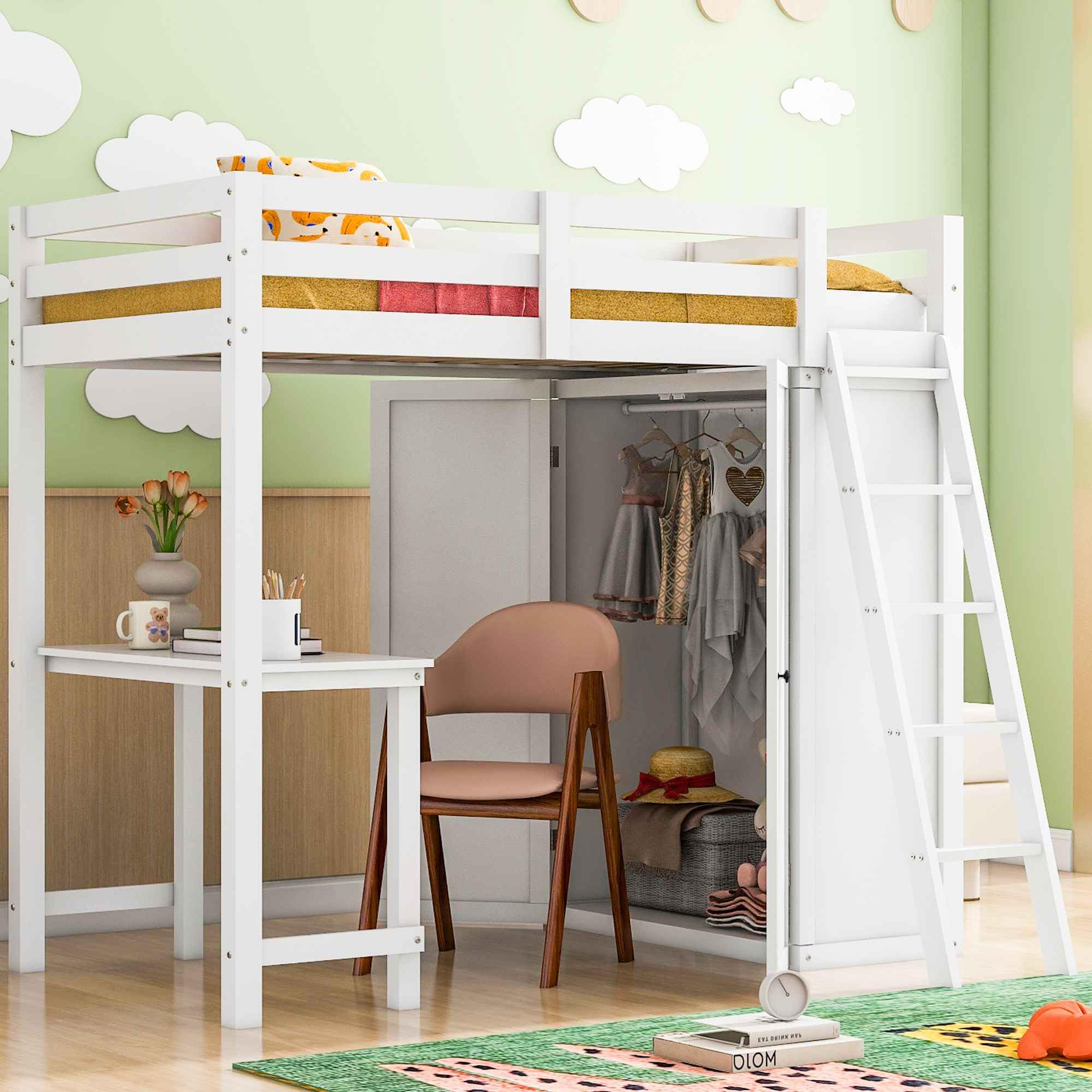 ATY Twin Size Loft Bed with 4 Storage Shelves and Wardrobe, Solid Wood Bedframe w/Desk & Ladder, Maximum Space, No Spring Needed Required, for Kids Teens Adults, White