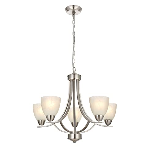 BONLICHT 5 Light Transitional Chandeliers Brushed Nickel Contemporary Dining Room Light Fixtures Ceiling Hanging Modern Pendant Lighting with Alabaster Glass Shade for Living Room Bedroom Foyer Hotel