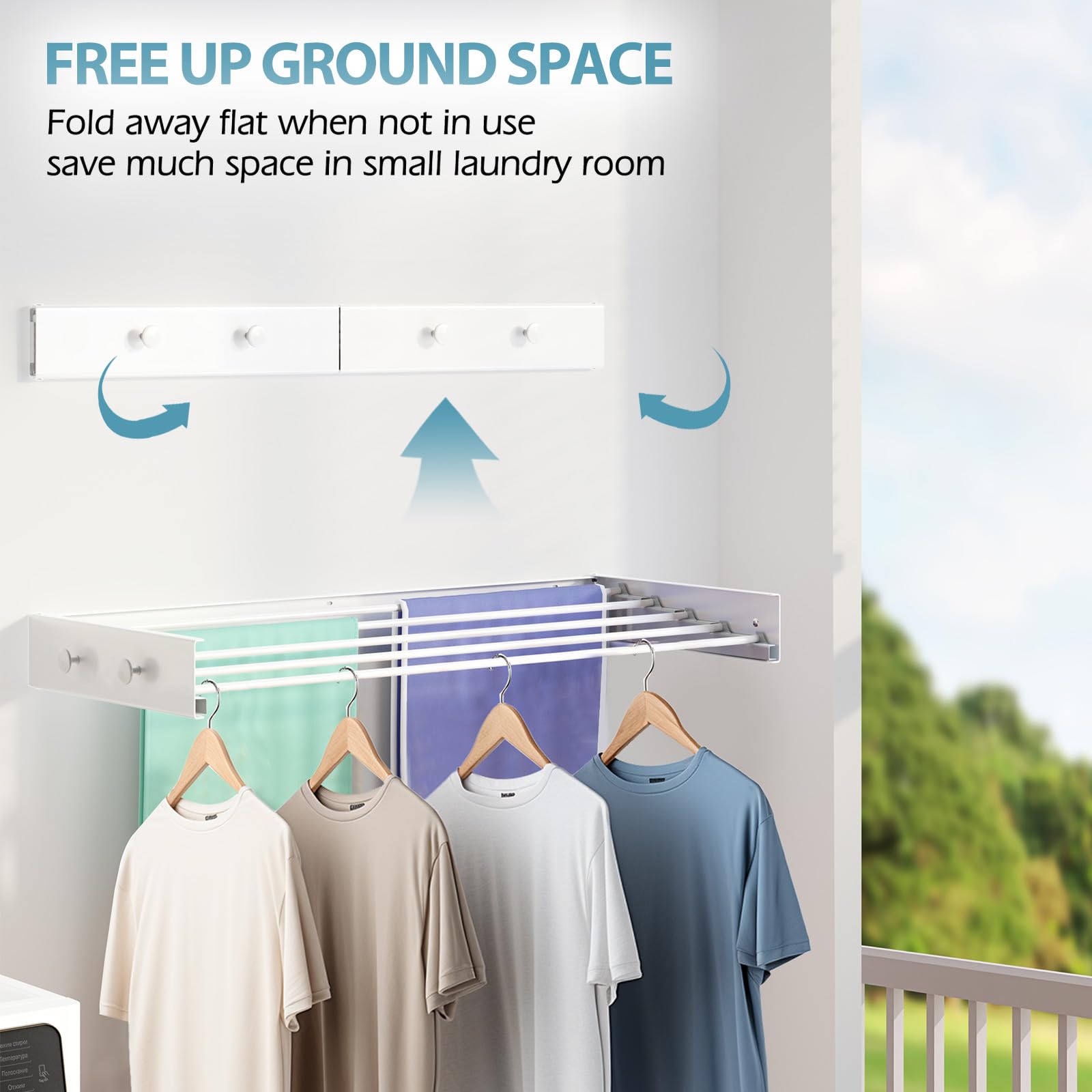 Wall Mounted Drying Rack 31.5", Upgrade 6 Knob Hooks, 5 Aluminum Poles, 40 lb. Load Capacity, Foldable, Retractable, Space Saving Clothes Drying Rack (31.5" White)