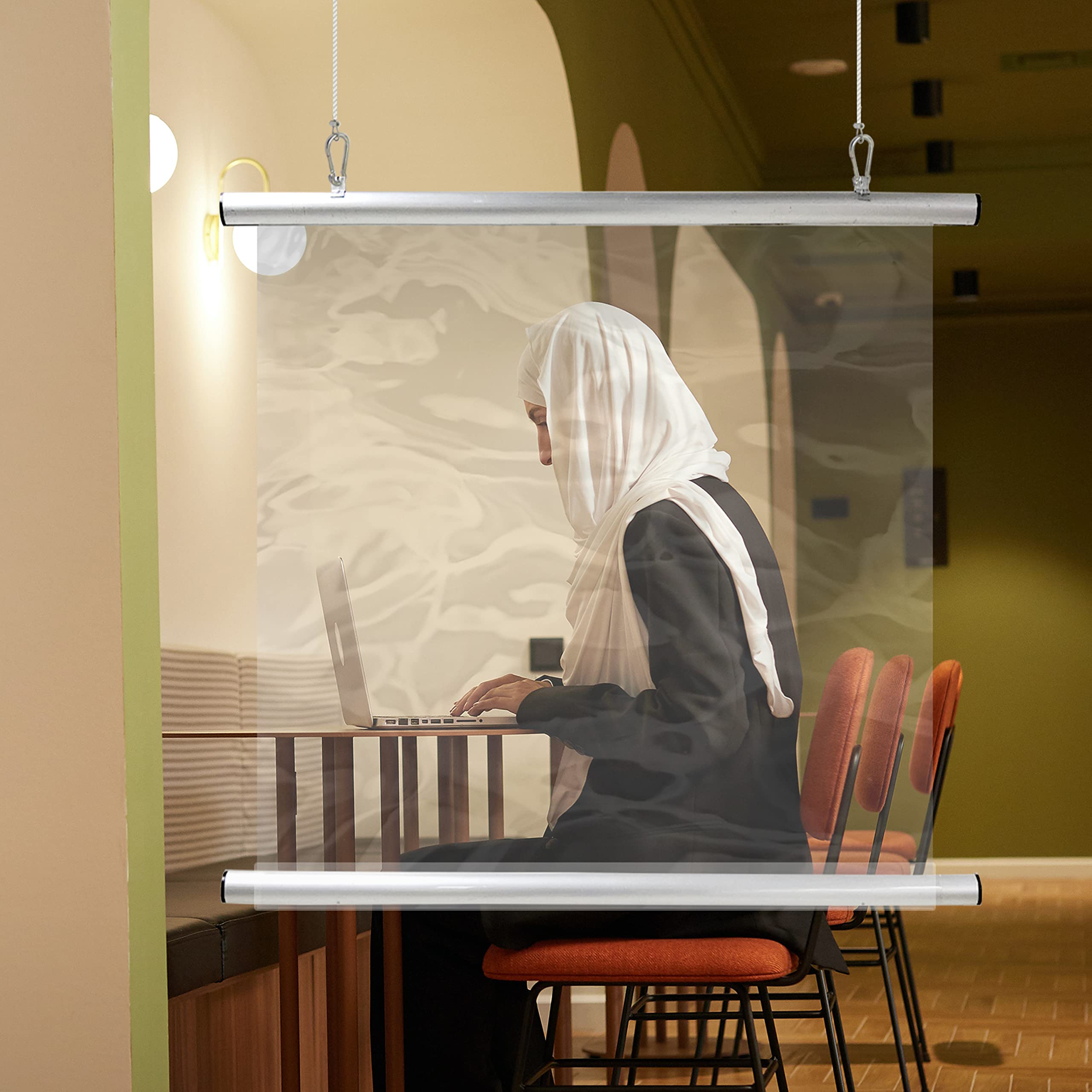 BannerBuzz Hanging Clamp Bar Sneeze Guard with Clear Tarp Film Protective Shield for Office, Cafes, Retail Stores, Cashier, Receptionist (3' x 5')