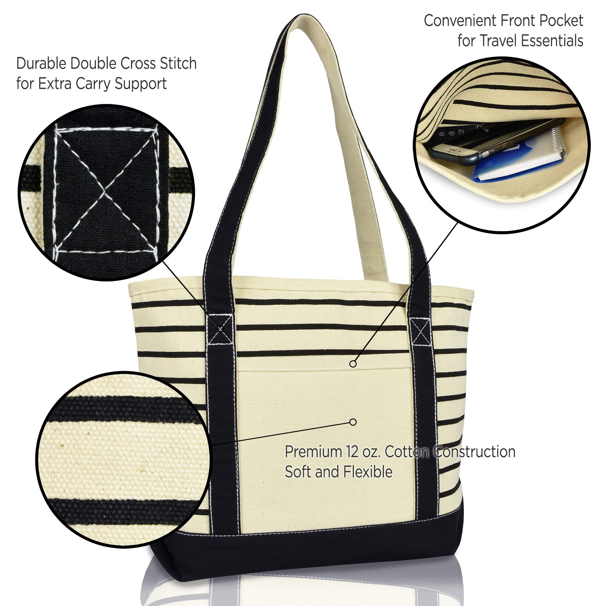 DALIX Small Stripe Tote Deluxe Shoulder Bag Cotton Canvas in Black