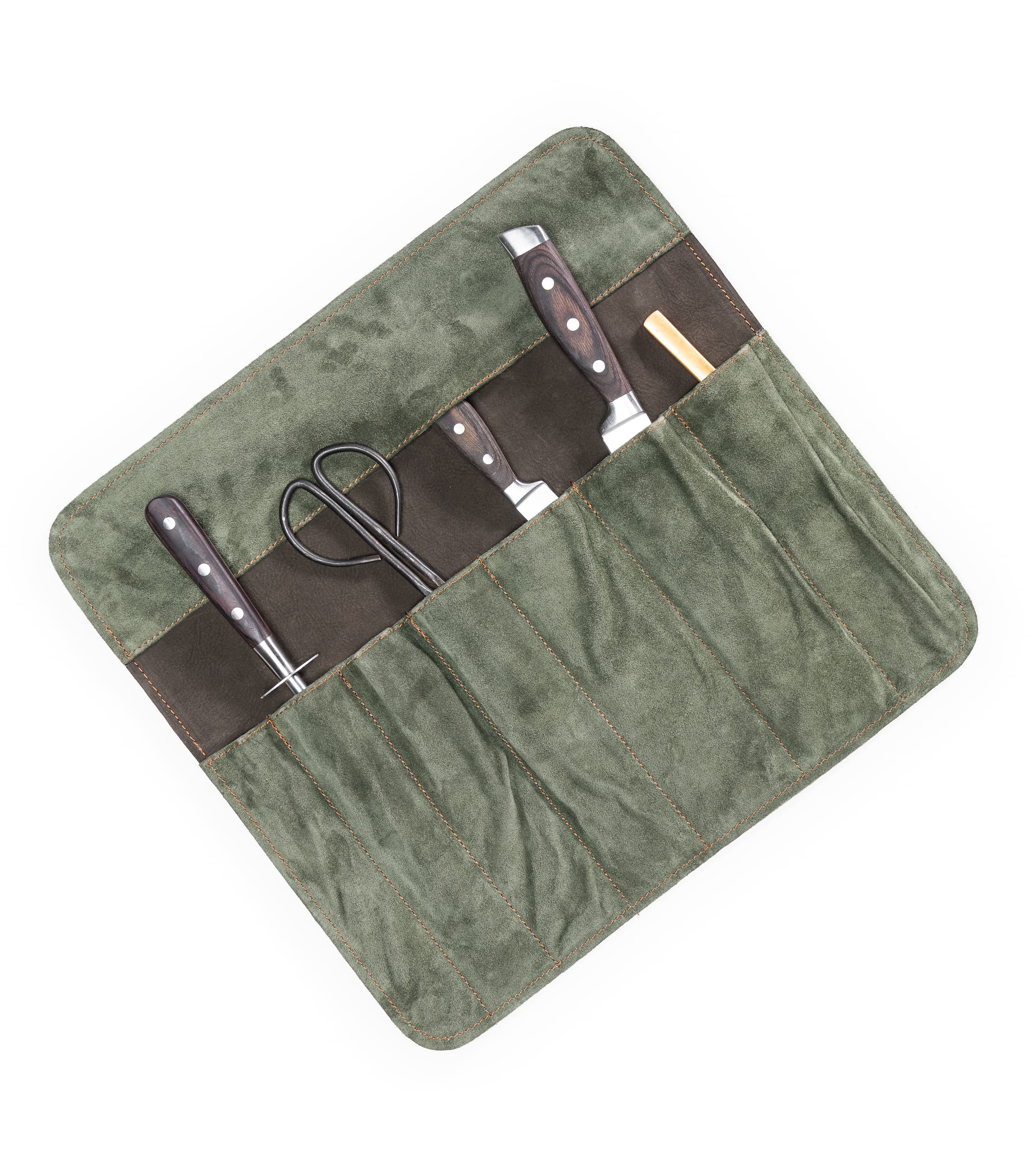 Angus Stoke Knife Roll Bag of genuine buffalo Leather β Handcrafted Chef`s Knife Roll Storage Bag/Case 7 slots β Sean (Olive-Green/Brown)