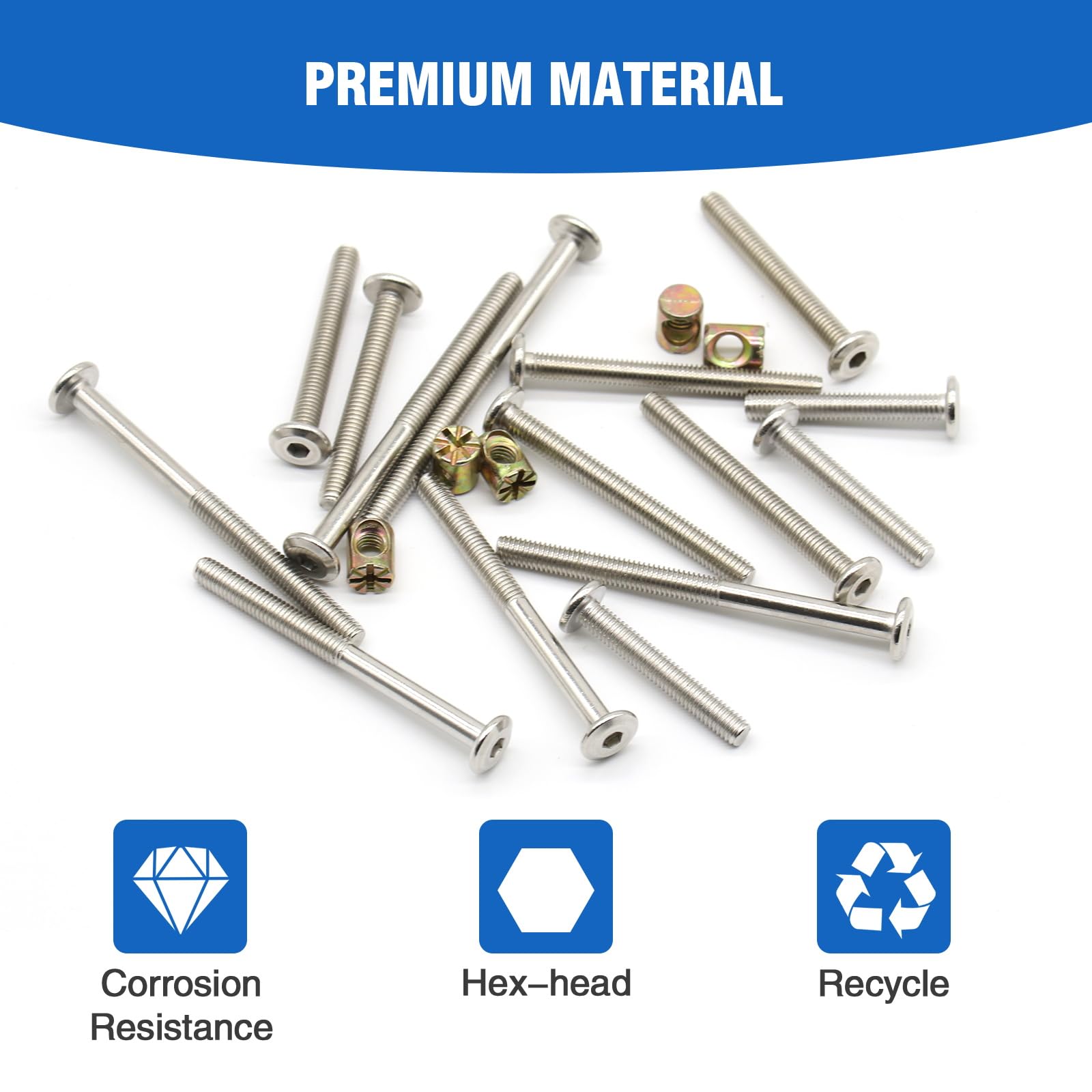 Socell 61pcs Crib Bunk Bed Furniture Hardware Replacement Kit, Stainless Steel Hex Drive Socket Cap Furniture Barrel Screws Bolt Nuts Assortment Kit for Crib Screws with 1 Wrenches(M6x12mm-75mm)