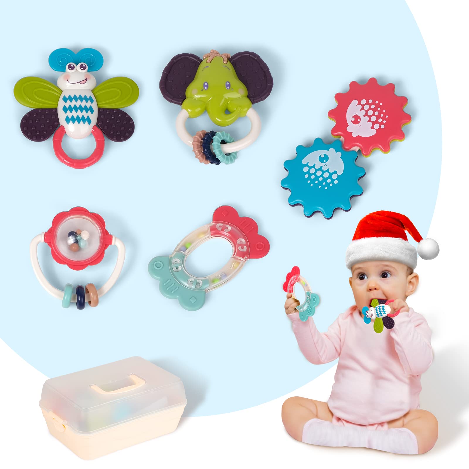 DAMEING Baby Rattle Teething Toys, Infant Sensory Teethers Toy Set, Musical Shaker Grab and Spin Early Educational Newborn Toys for 0 3 6 9 12 Months Babies Boy Girl