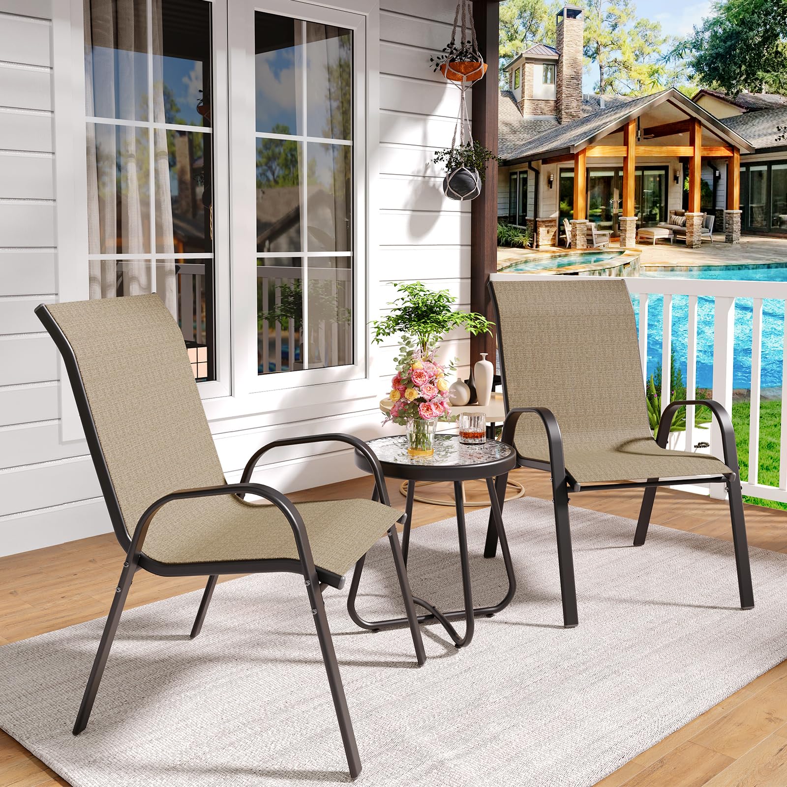 Amopatio 3 Piece Patio Set, Outdoor Stackable Dinging Chairs for All Weather, Breathable Garden Outdoor Furniture for Backyard Deck, Brown