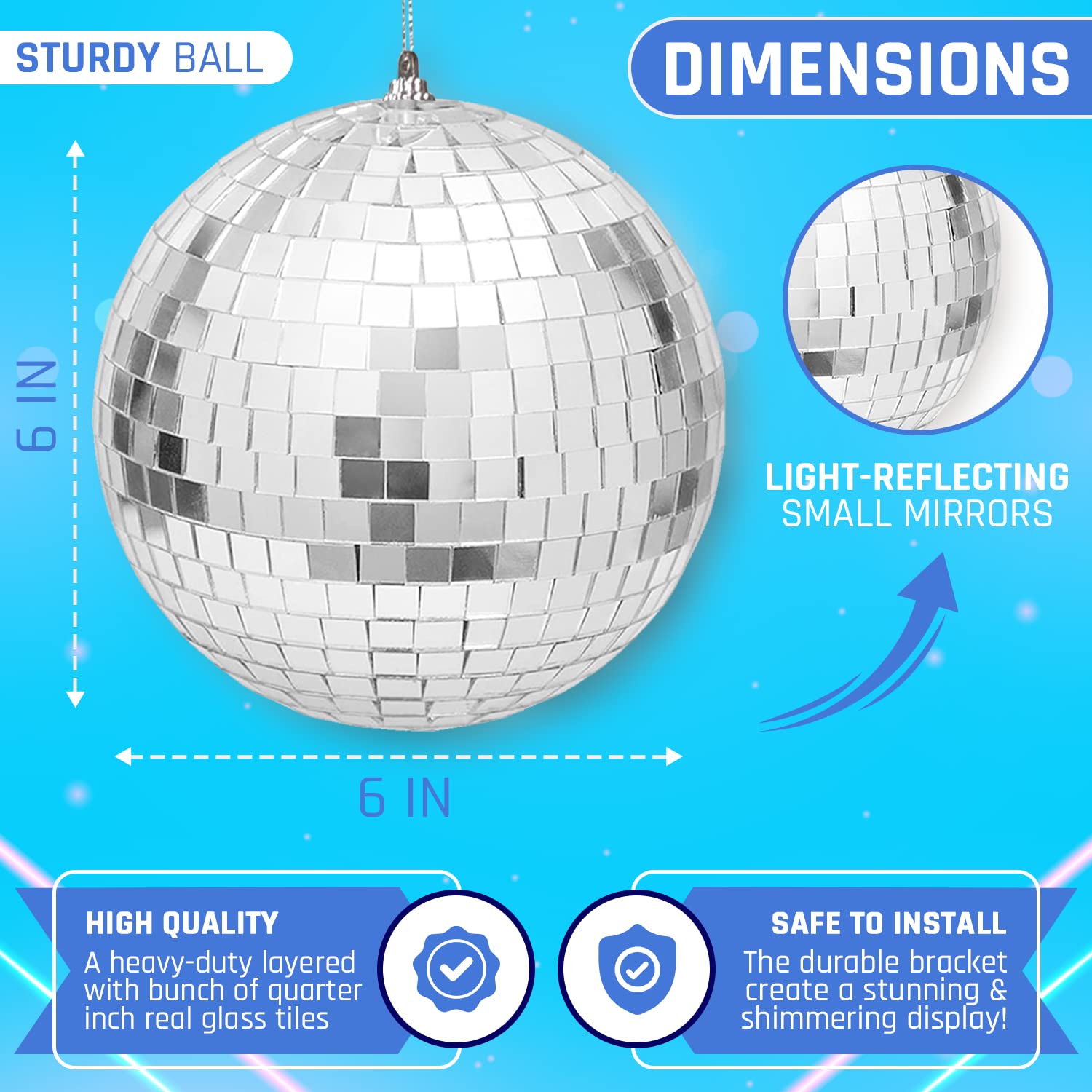 6 Inches Mirror Ball Silver Disco Ball Decor for Parties, Dance, DJ, Wedding, Birthday, Christmas, Home Decoration | Party Disco Mirror Ball with Hanging Rings
