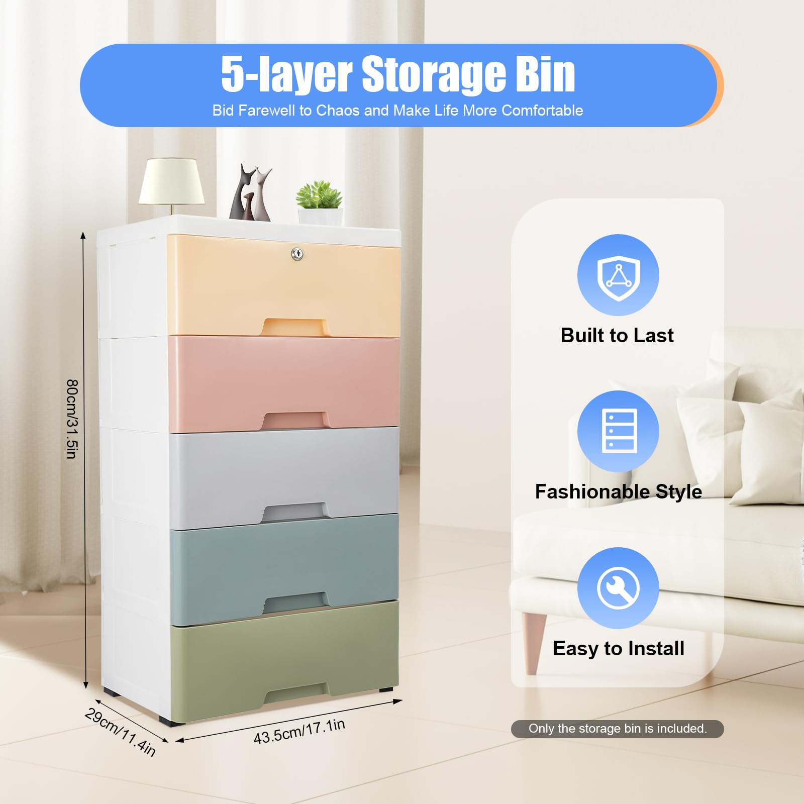 LUOSHALIYA 5-Drawer Storage Cabinet, Stackable Vertical Storage Tower with Key, Organizer Unit for Hallway Entryway, Storing Books, Office Supplies