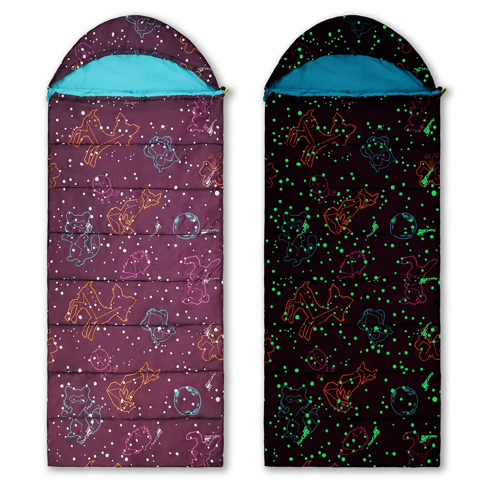 AceCamp Kids Sleeping Bag, Glow-in-The-Dark Sleeping Bag for Kids and Youth, Portable Water-Resistant Kids Sleeping Bag, Temp Rating 30F/ -1℃, for Camping, Hiking, Slumber Party (Kids,Purple)