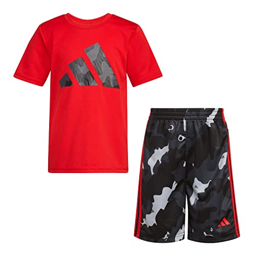 adidas Boys' Short Sleeve Poly Tee & Camo All Over Print Short Set, Better Scarlet, 6