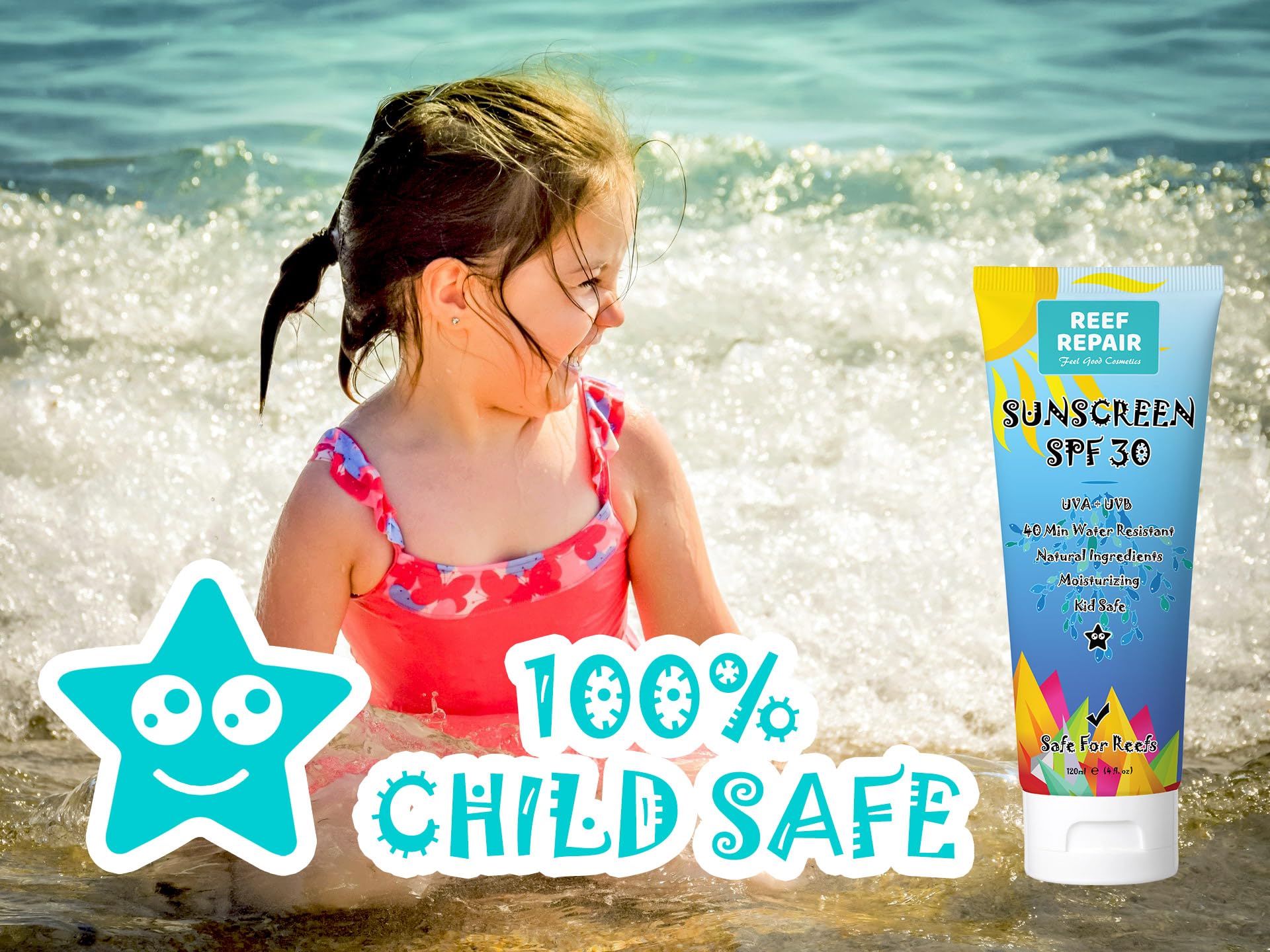 Reef Safe Sunscreen SPF 30+ All Natural, Water Resistant, Moisturizing, Biodegradable, Broad Spectrum UVA/UVB Coral Friendly Mineral Suncream from Reef Repair 4 fl. Oz