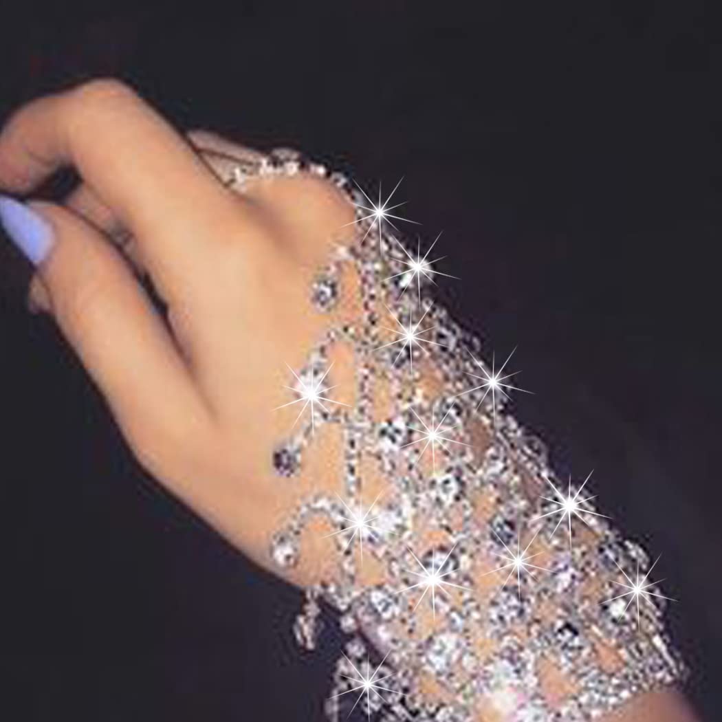 ACEDRE Rhinestone Ring Bracelets Jewelry Silver Sparkly Crystal Bangle Hand Chain Party Prom Costume Finger Hand Harness Accessories for Women(C-Silver)