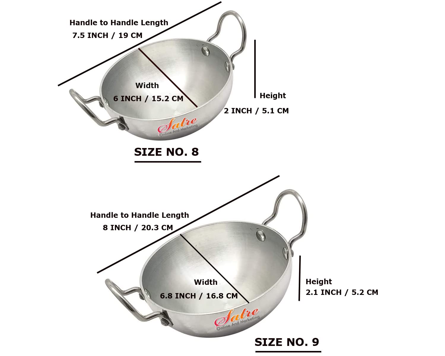 Aluminium Small Kadhai Set of 2 Different Size,Indian Frying Pan or kadhai -Color White