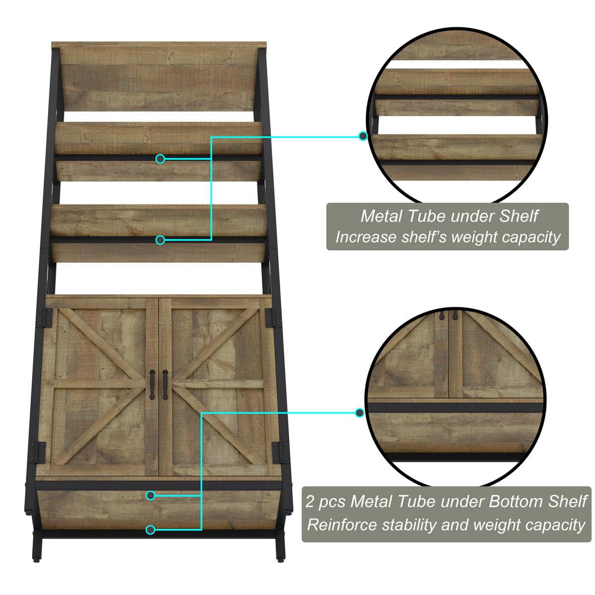 Aubtik Farmhouse Bookcase with Doors, Rustic Tall Book Shelf with Cabinet, Industrial Wood Metal Bookshelf with Storage for Home Office, Living Room, Classroom (Rustic Oak)