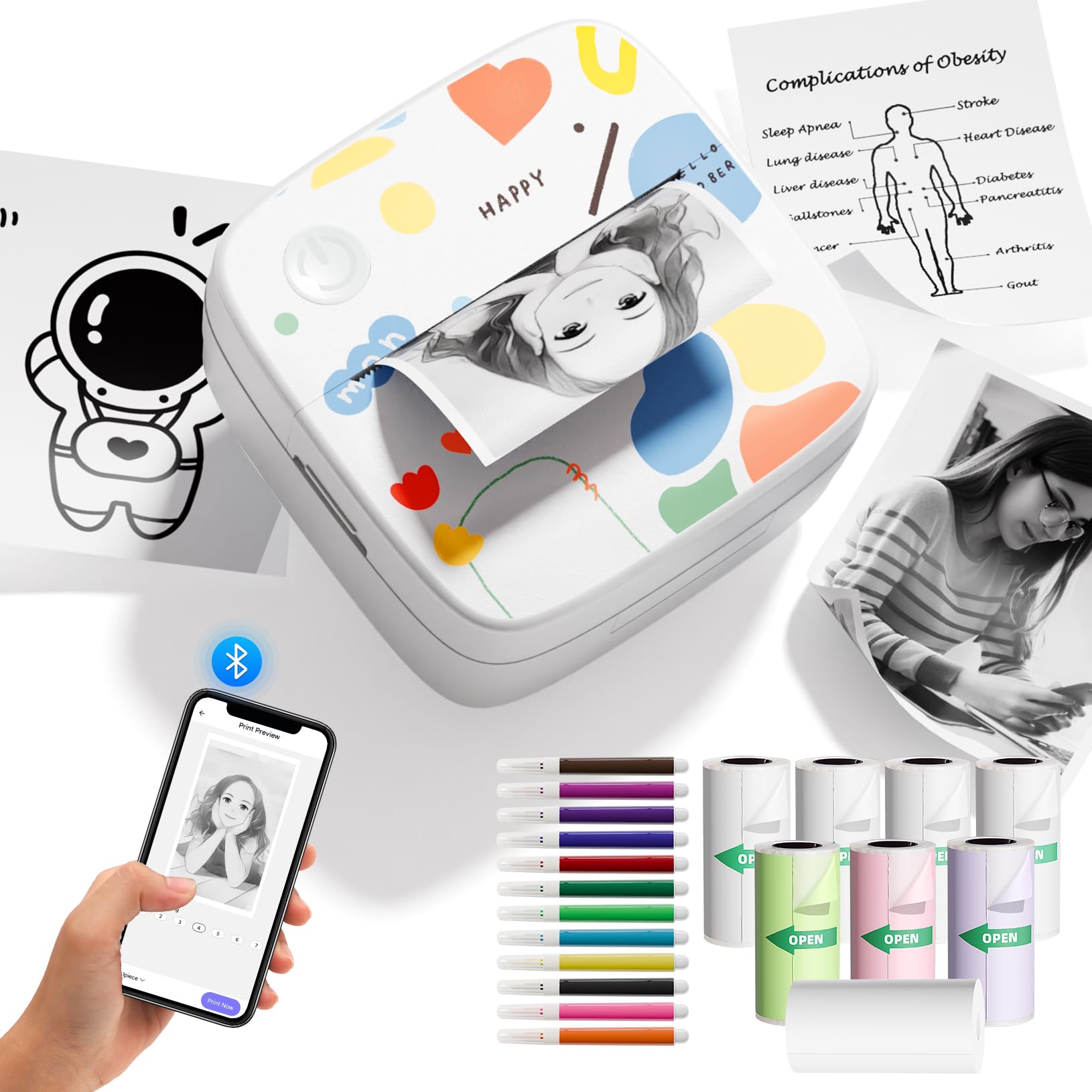 DOLEWA Mini Sticker Printer, Portable Thermal Inkless Sticker Maker with 8 Rolls Coloed Paper & 12 Pens, Wireless Thermarote Printers for Photos, Study Notes, Scrapbook, Journal, Memo (Doodle)