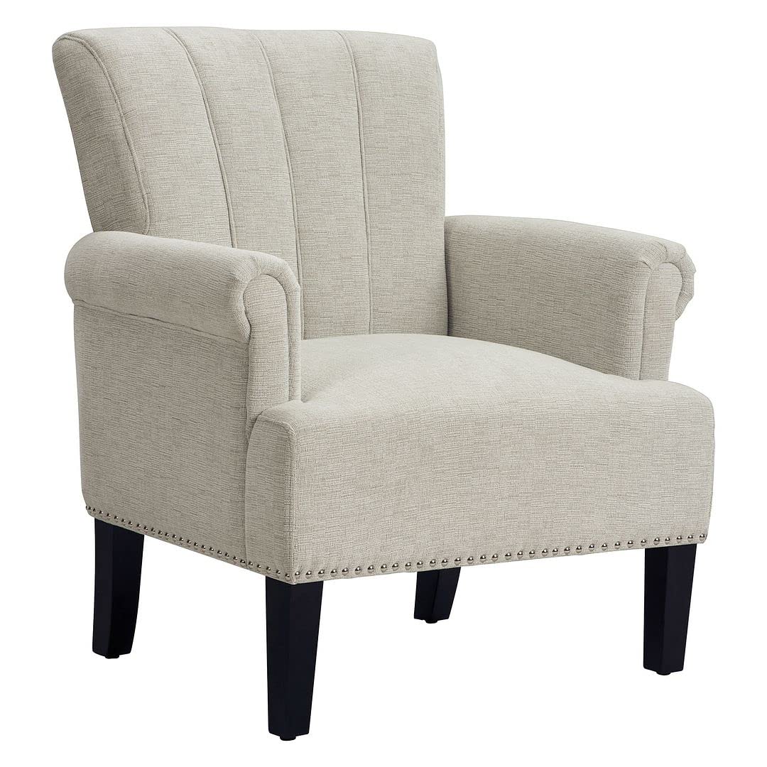 Accent Chair with Rivet Tufted Scroll Arm, Tufted Polyester Upholstery, Wood Legs, Cream for Bedroom and Living Room