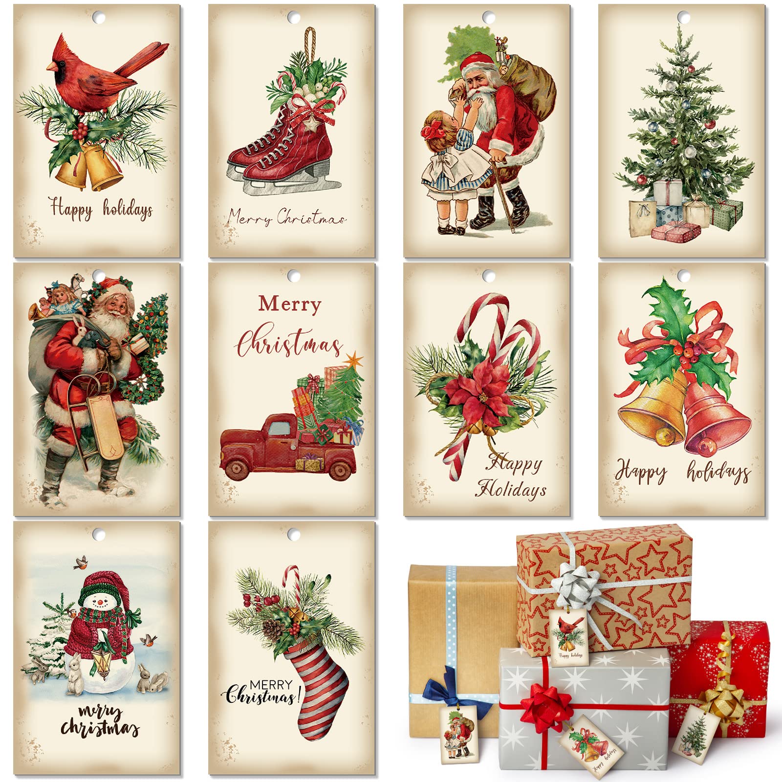 Spiareal 200 Pieces Vintage Christmas Gift Tags Traditional Vintage Victorian Style Christmas Gift Tags Hang Tags with String for Christmas Gift Wrapping Holiday Party Home Decor (Red Truck Style)