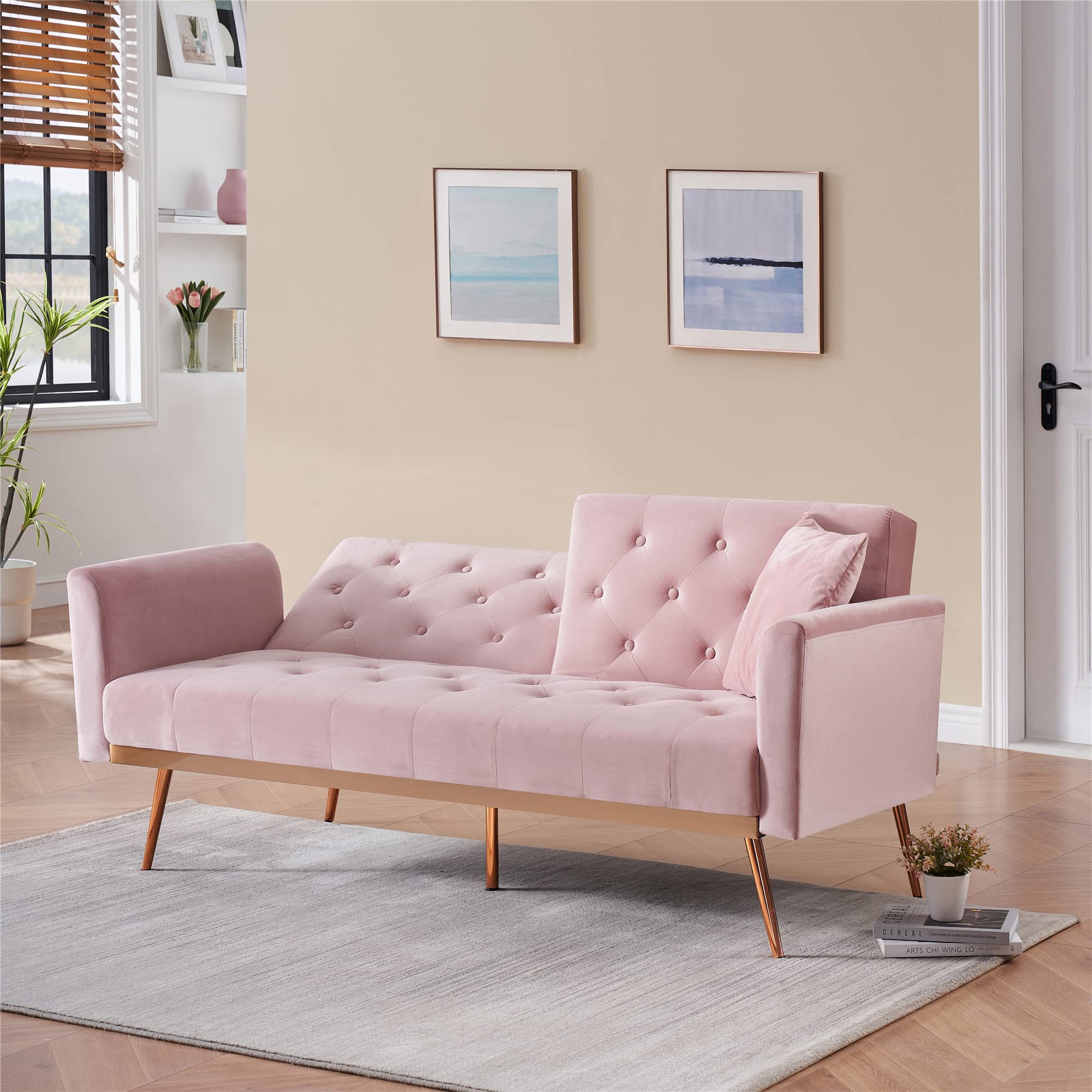 PBOGHLRD Convertible Velvet Futon Sofa, Folding Loveseat Sofa with Throw Pillow and Midfoot, Small Sleeper Couch Bed for Living Room, Bedroom, Home Office (Pink)