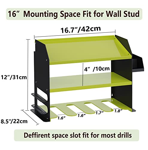 Luffioner Drill Storage Rack,Power Tool Organizer Drill Holder Wall Mount, Drill Organizer for Garage, Workshop,Drill Bit Storage Shlef, Holds 4 Drills with Screws Box Father's Day Gifts (Green)